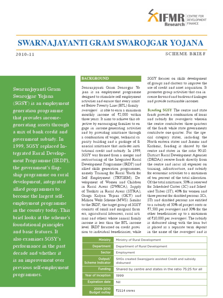 Swarnajayanti Gram Swarojgar Yojana (SGSY) Is An Employment | PDF ...