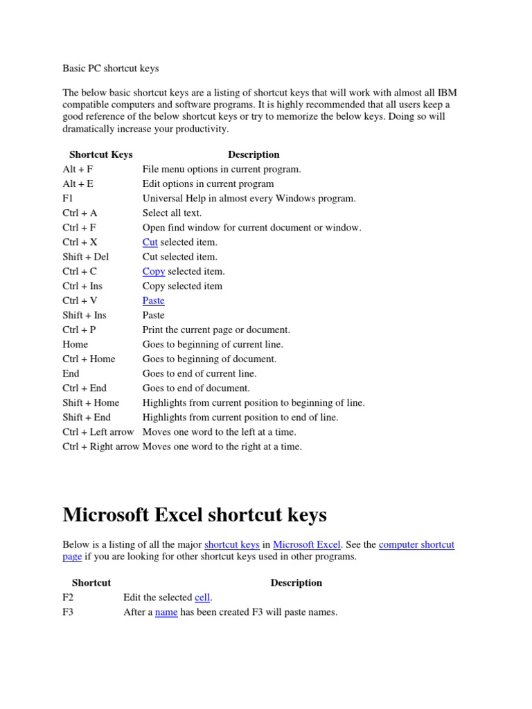 Basic PC Shortcut Keys | PDF | Keyboard Shortcut | Double Click