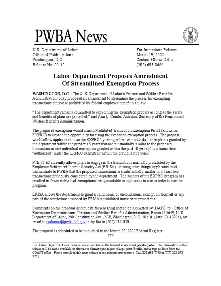 Labor Dept. Proposes EXPRO Process Update | PDF | Welfare | Pension