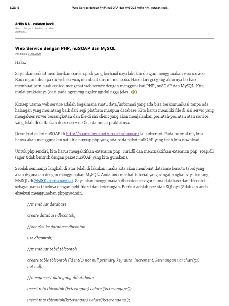 Web Service Dengan PHP, NuSOAP Dan MySQL - Arifin NA.. Catatan Kecil. | PDF
