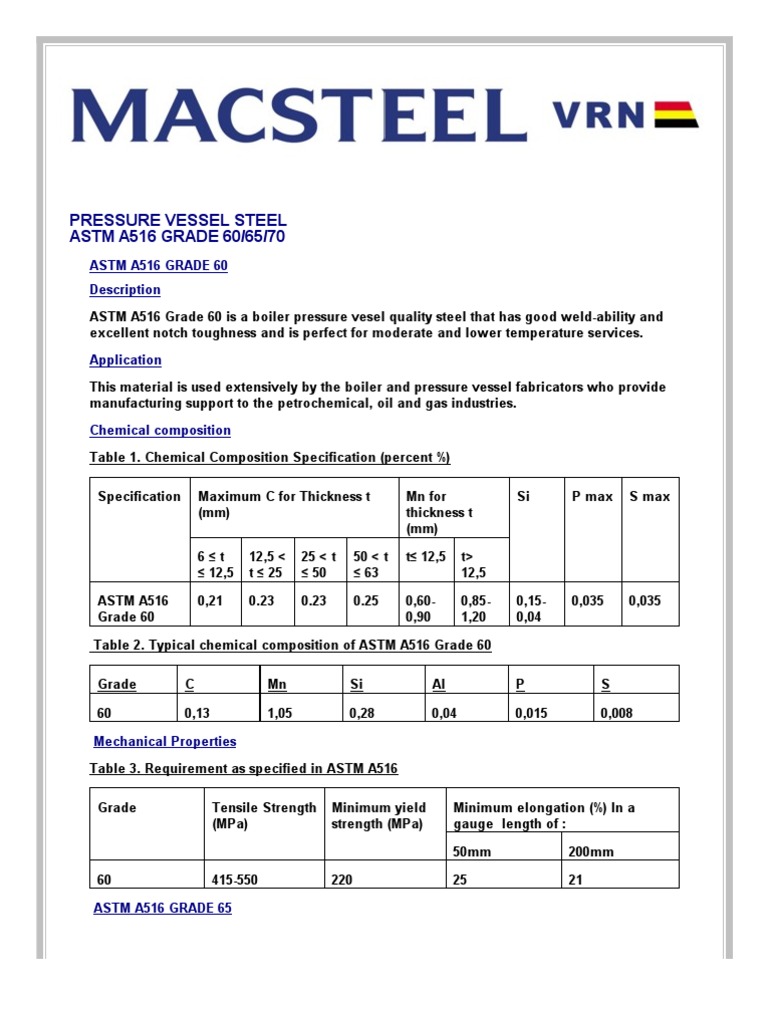 Pressure Vessel Steels - Astm A516 | PDF | Ultimate Tensile Strength | Strength Of Materials