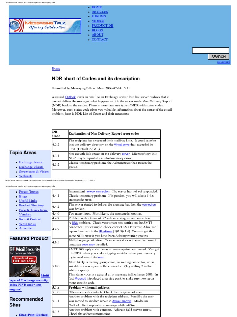 NDR Chart of Codes and Its Description - MessagingTalk | PDF | Email ...