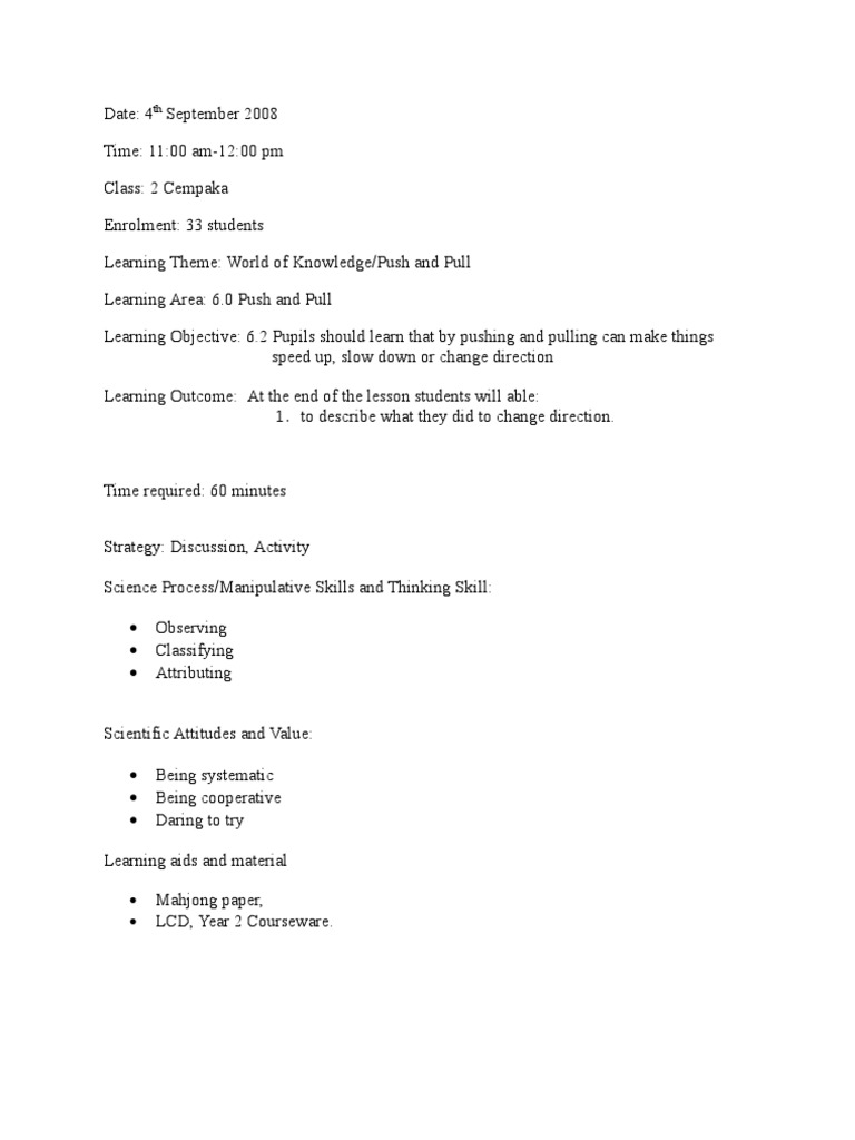 Lesson Plan Science Tahun 2 - Push and Pull Part 4 | PDF | Lesson Plan ...