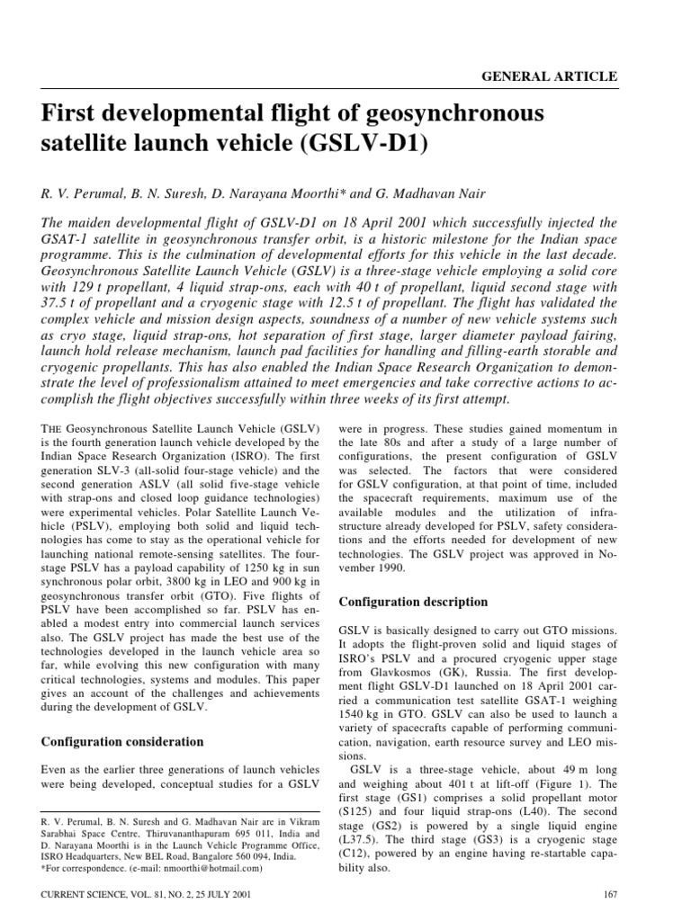First Developmental Flight of Geosynchronous Satellite Launch Vehicle ...