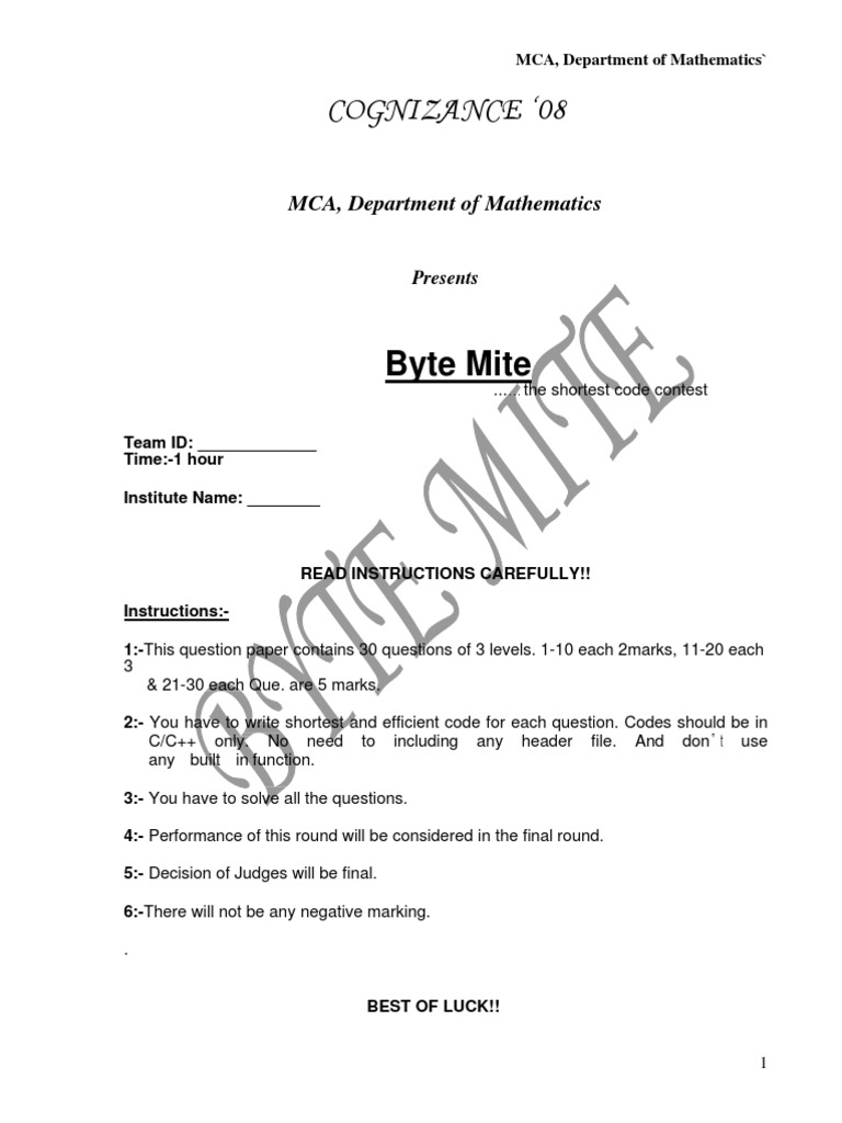 Byte Mite '08 The Shortest Code Contest | PDF