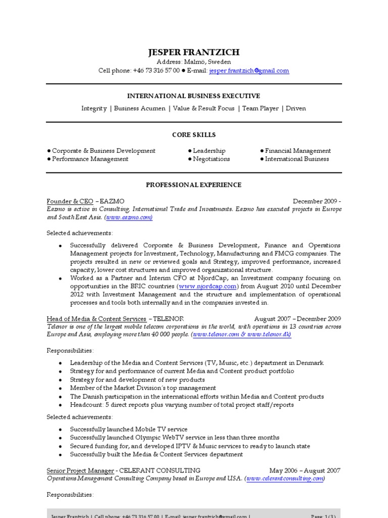 International Corporate Business Development in Malmo Sweden Resume ...