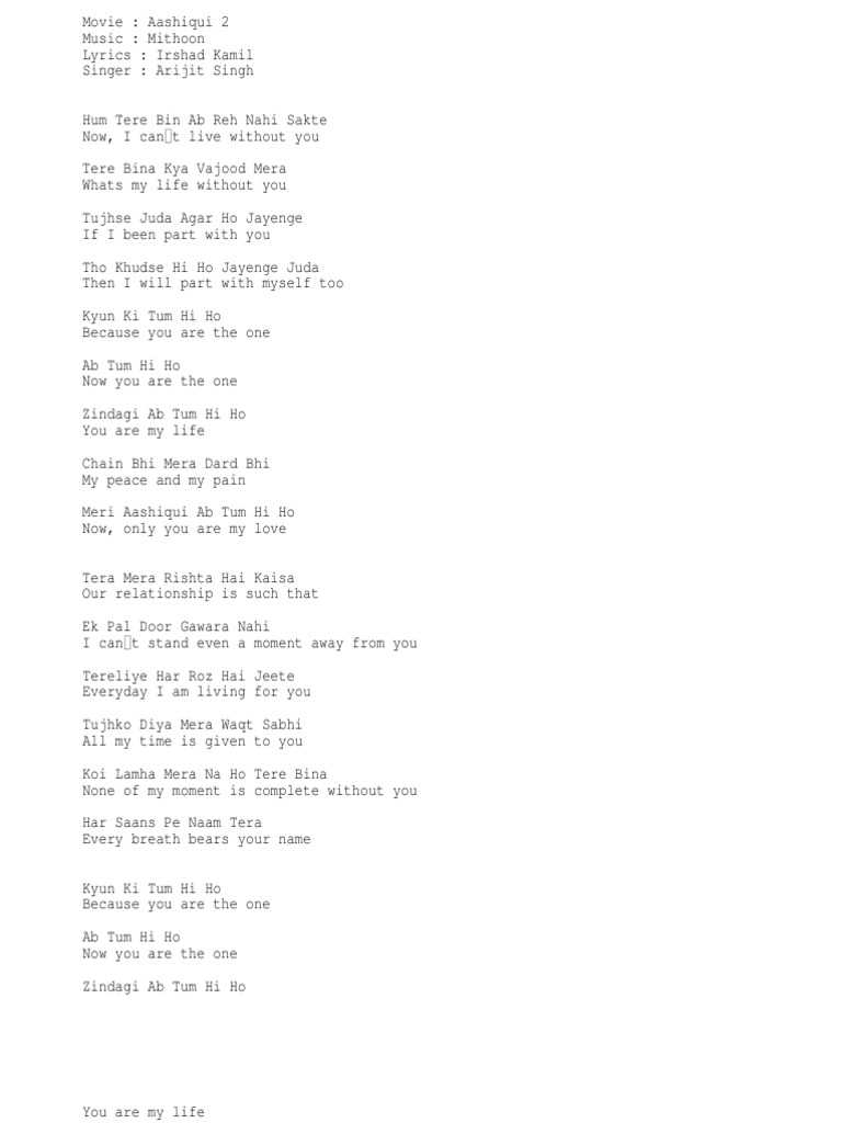 Aashiqui 2 Tum Hi Ho Lyrics In English