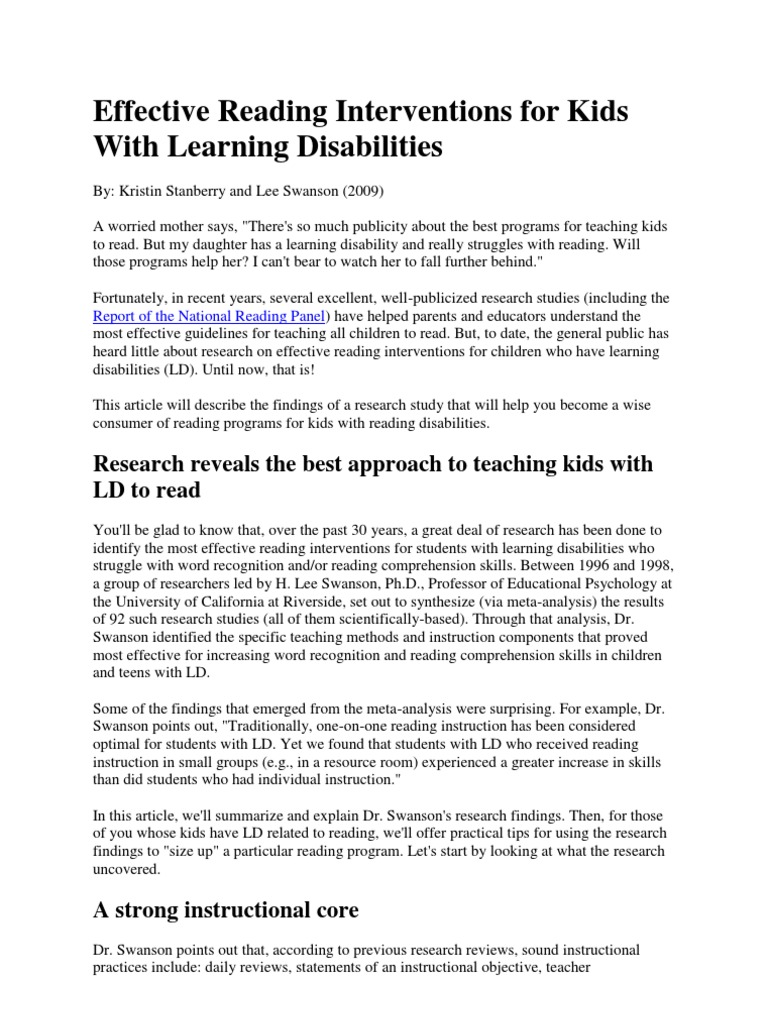 Effective Reading Interventions For Kids With Learning Disabilities ...