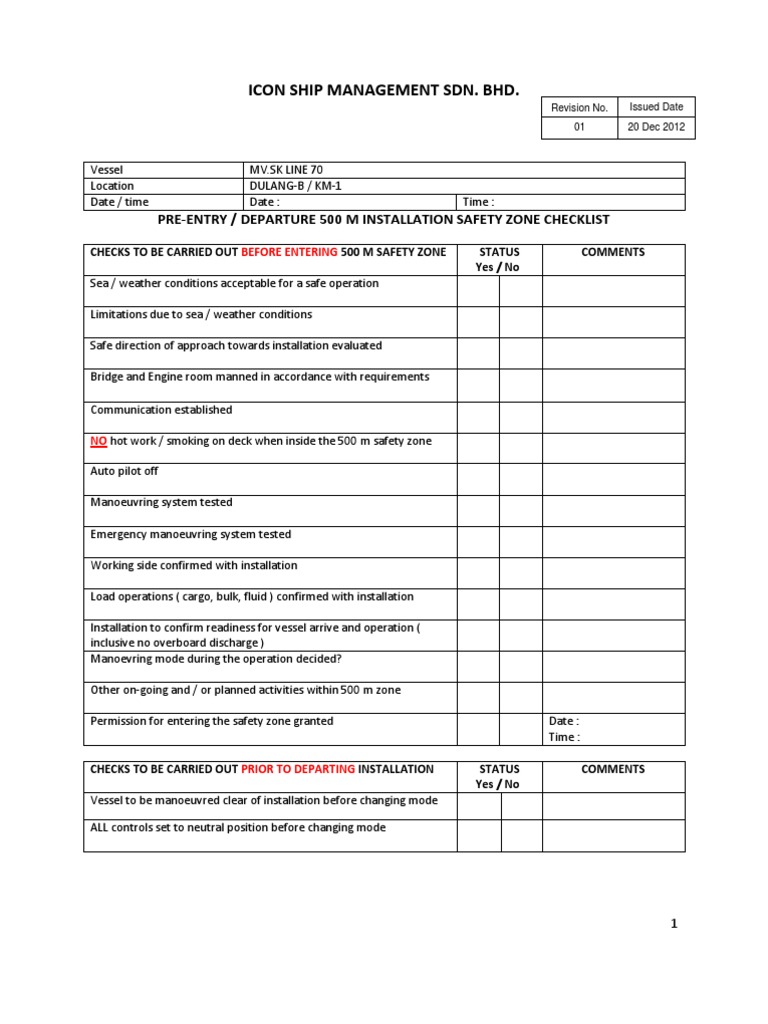 500m Safety Zone Checklist for Vessels | PDF | Ships | Water Transport