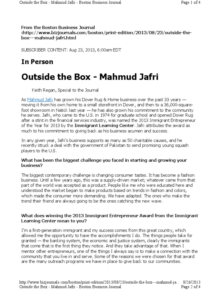 Mahmud Jafri - "Outside The Box" Interview - Boston Business Journal | PDF