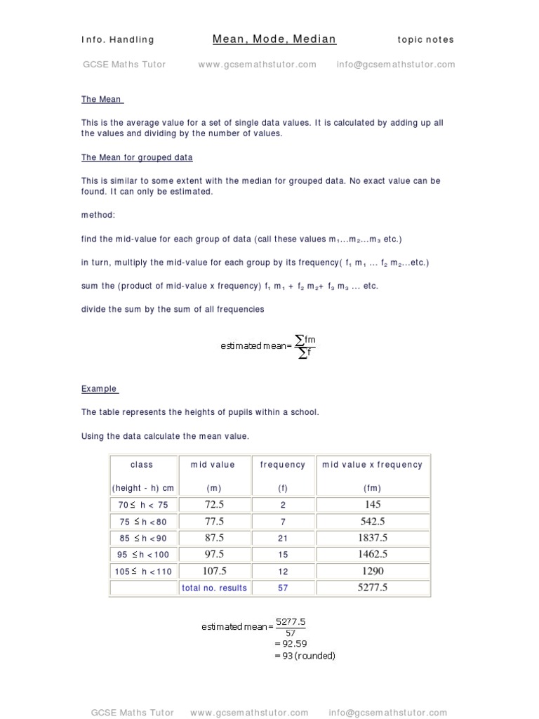 Mean, Mode, Median & Range, Information Handling Revision Notes From ...