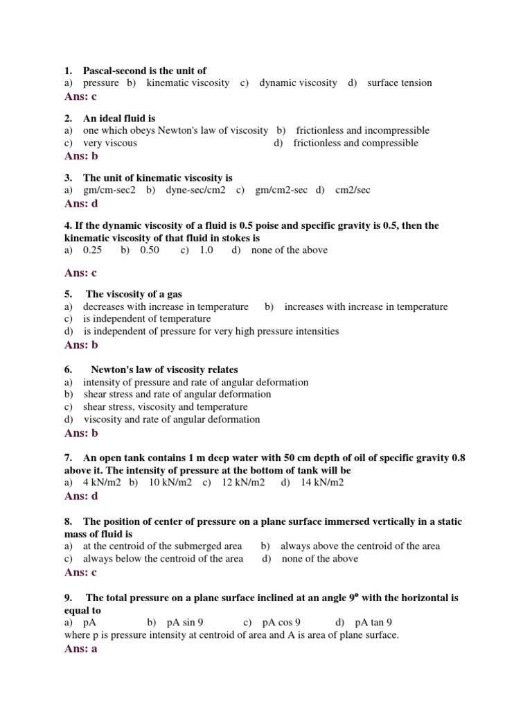 Fluid Mechanics Objective Questions For Mechanical Engineering | PDF ...