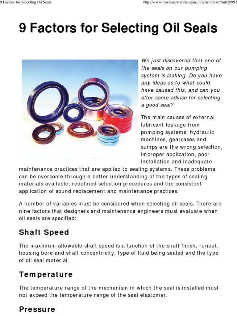 9 Factors For Selecting Oil Seals | PDF | Pump | Machines