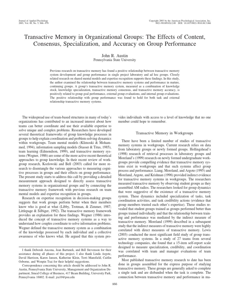 Transactive Memory in Organizational Groups: The Effects of Content, Consensus, Specialization ...