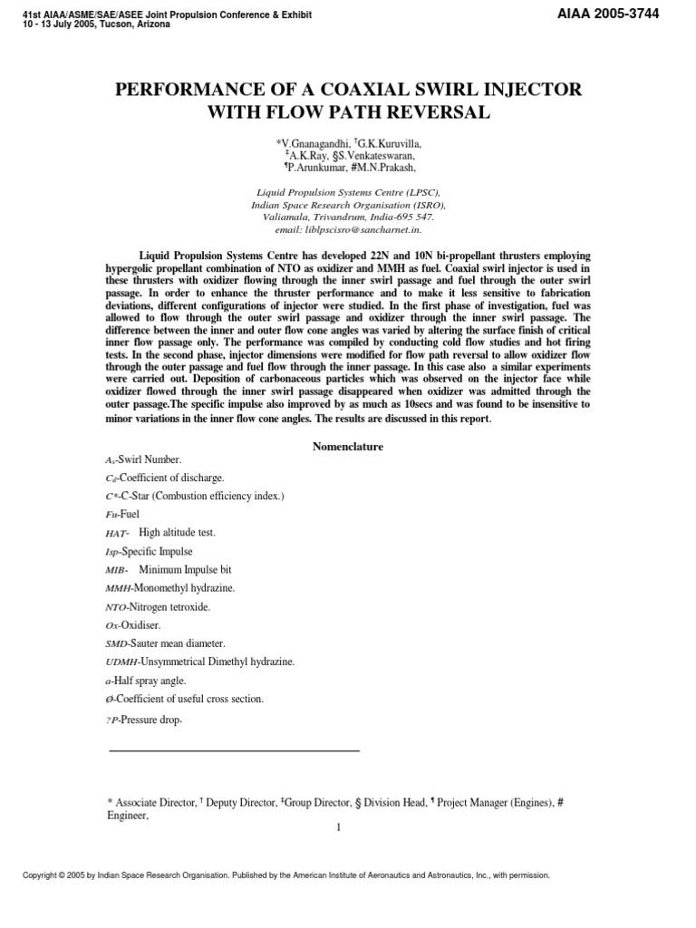 Performance of A Coaxial Swirl Injector With Flow Path Reversal | PDF | Rocket Engine | Fuel ...
