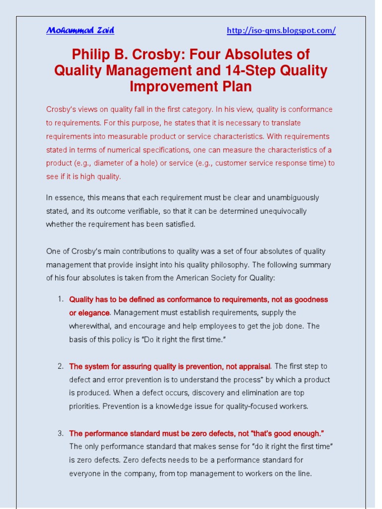 Philip B Crosby Four Absolutes of Quality Management and 14 Step ...