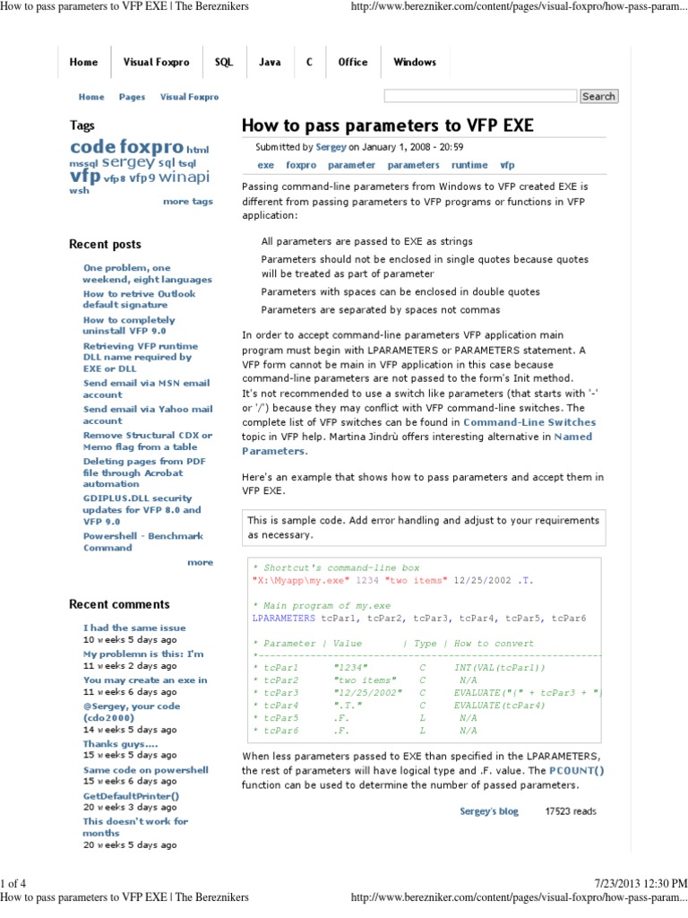 How To Pass Parameters To VFP EXE - The Bereznikers | PDF | Parameter (Computer Programming ...