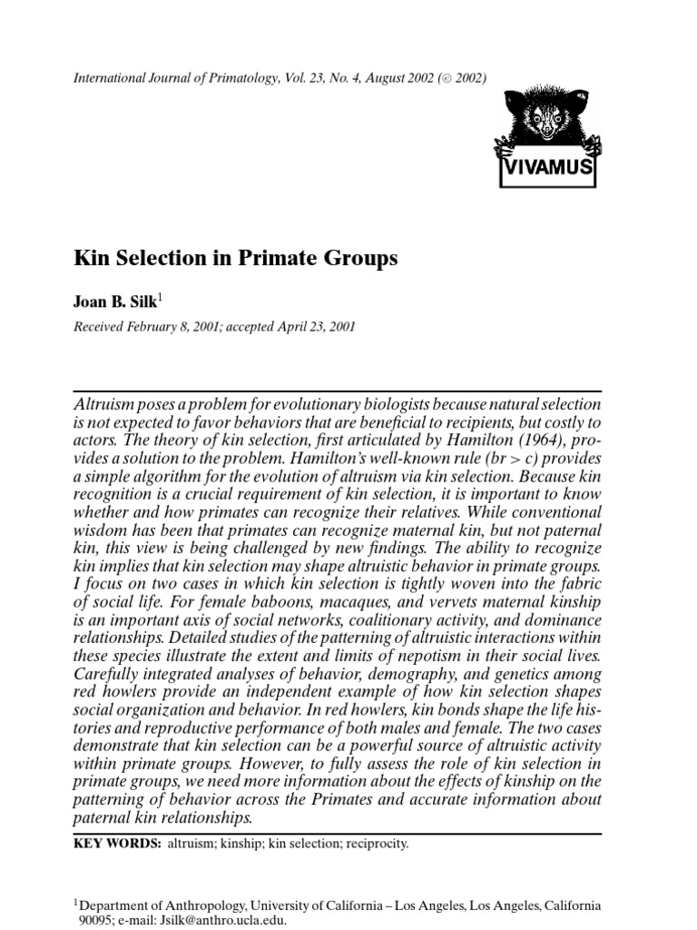 Kin Selection in Primate Groups: Joan B. Silk | PDF | Kinship | Natural ...