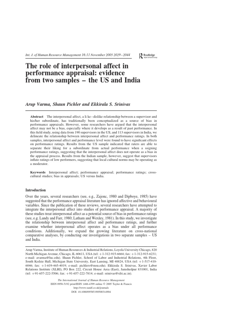 The Role of Interpersonal Affect in Performance Appraisal: Evidence ...