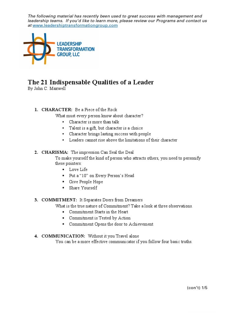 Maxwell's 21 Qualities of Leadership | PDF | Generosity | Leadership
