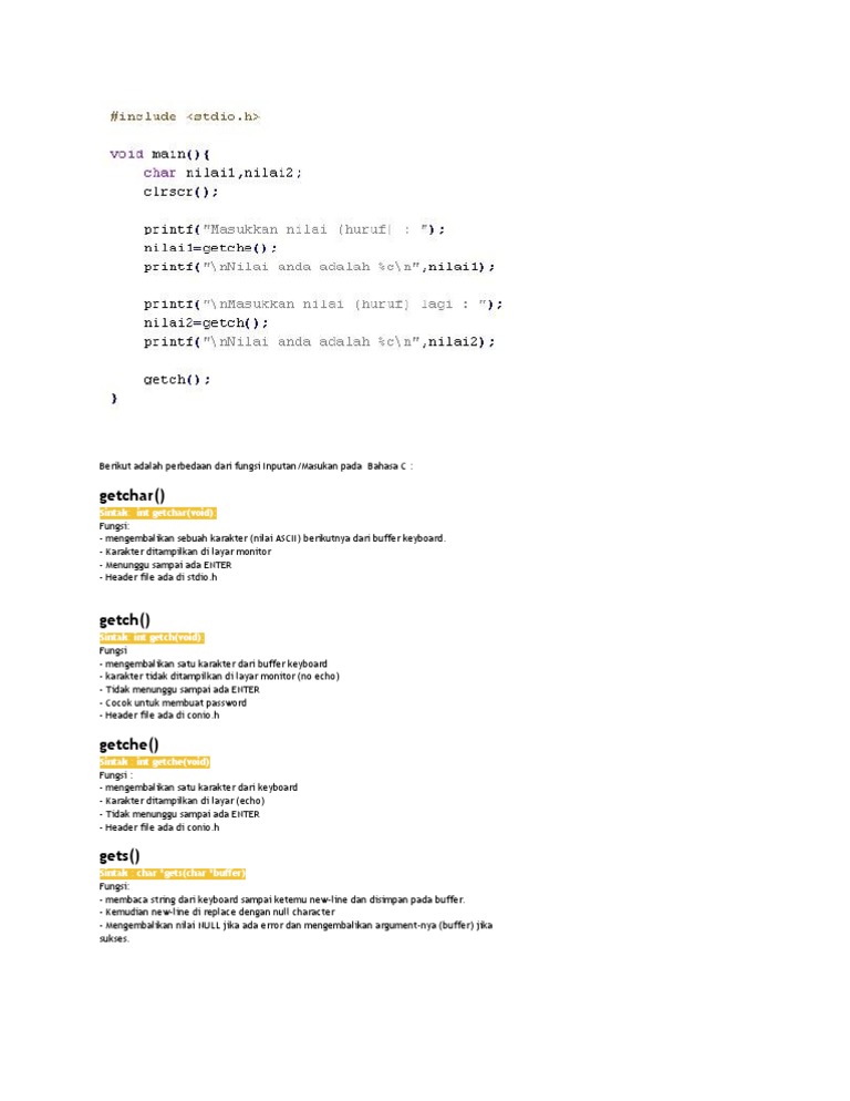 Perbedaan Getchar, Getch, Getche, Gets Pada Bahasa C | PDF