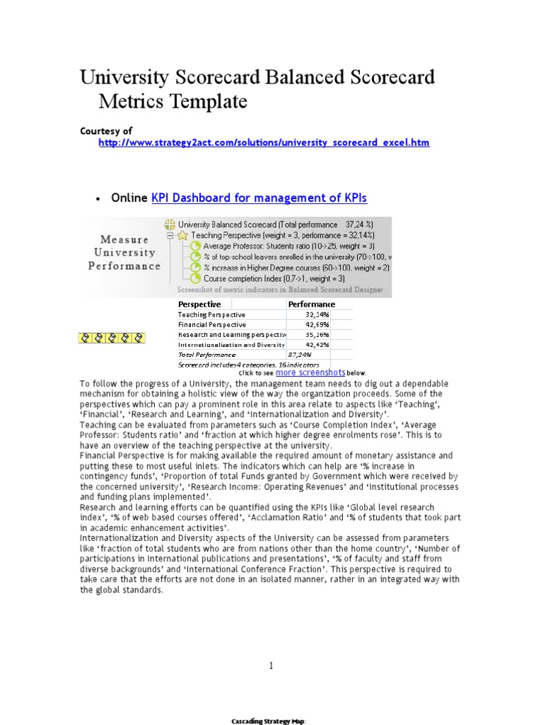 University Scorecard Balanced Scorecard Metrics Template | PDF ...
