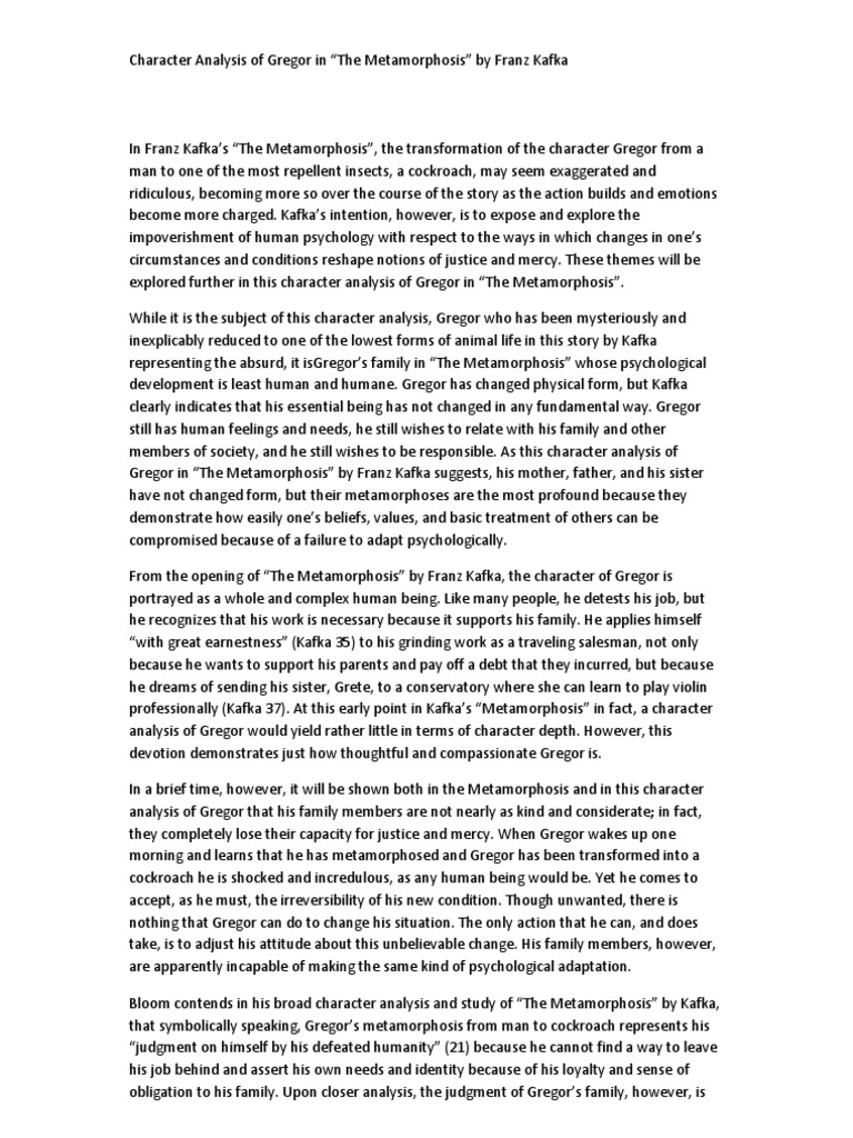 Character Analysis of Gregor in The Metamorphosis of Kafka. | PDF | The ...