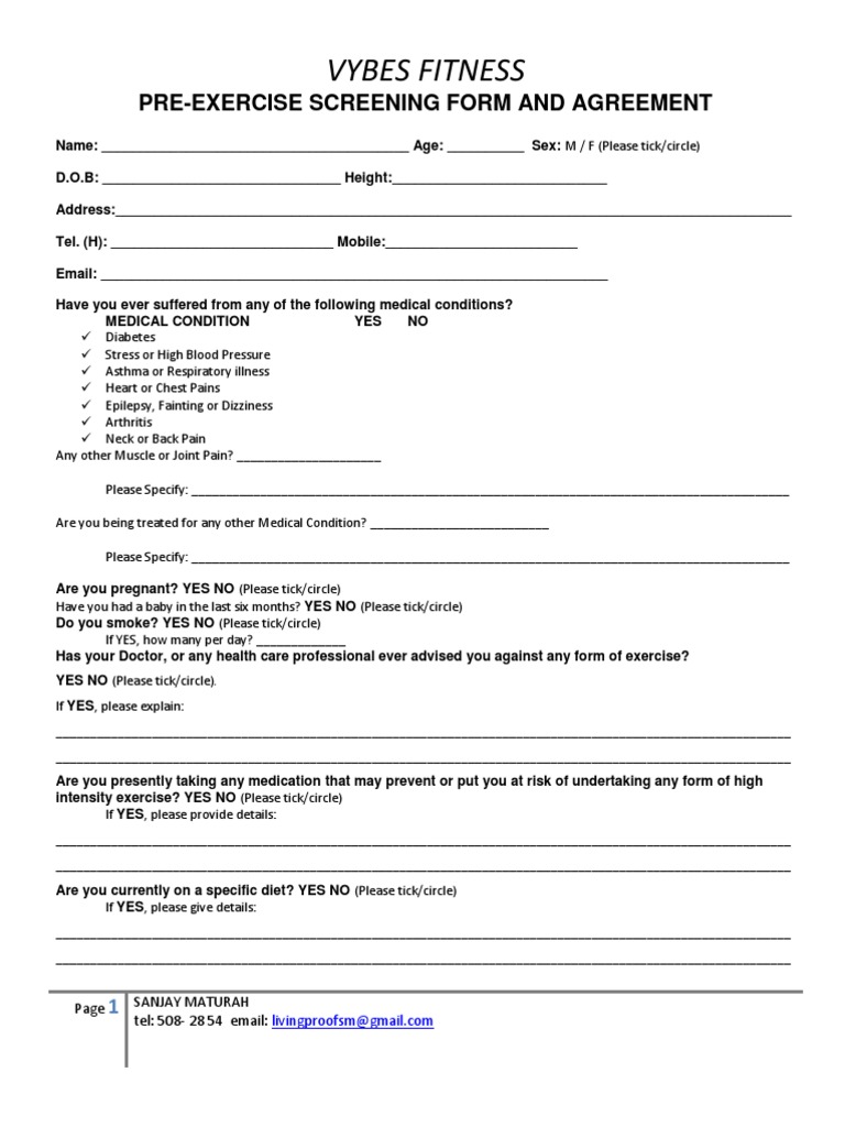 Fitness Screening Questionnaire and Disclaimer - Vybes Fitness 1 | PDF ...