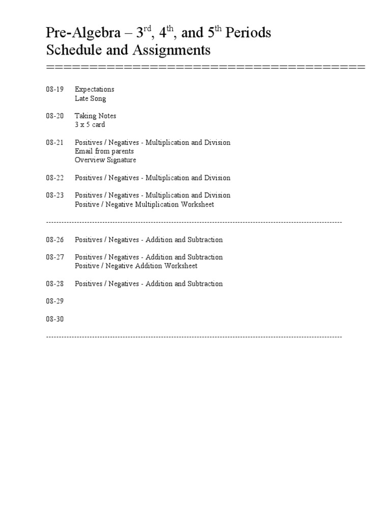 Pre-Algebra Class Schedule | PDF