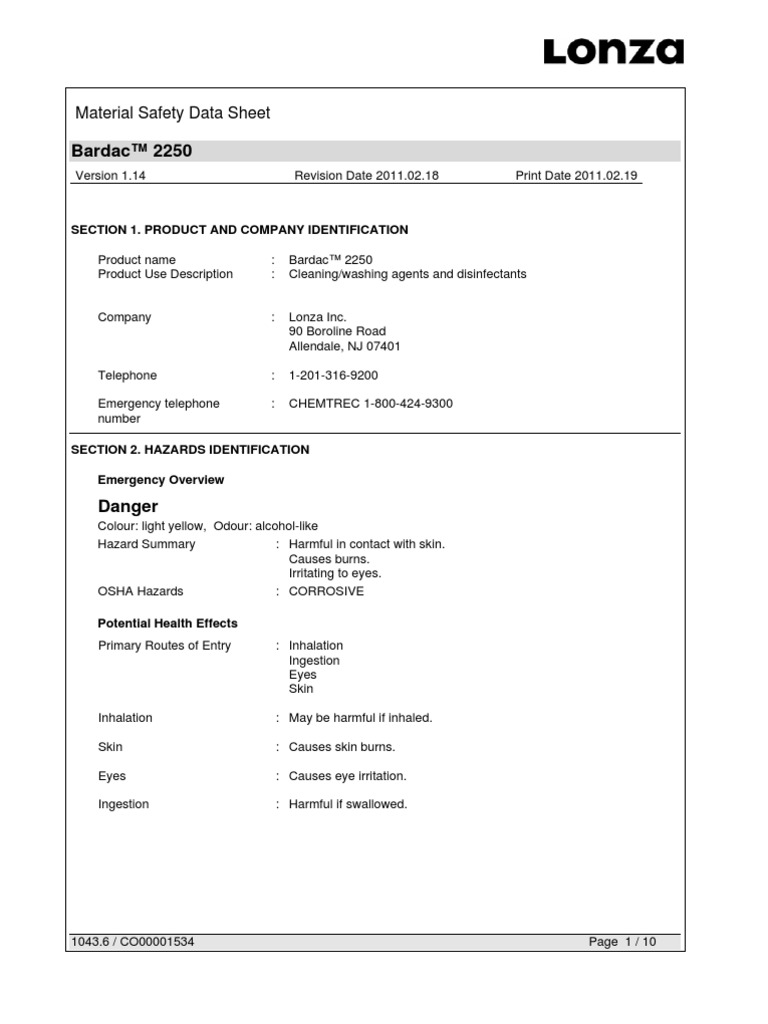Bardac 2250 MSDS | PDF | Toxicity | Personal Protective Equipment