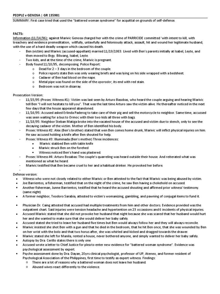 Digest For Genosa V CA (Wife Battery As A Defense) | PDF | Domestic ...