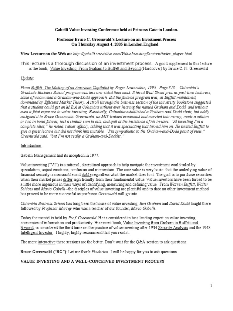 Greenwald Investing Process | PDF | Value Investing | Discounted Cash Flow