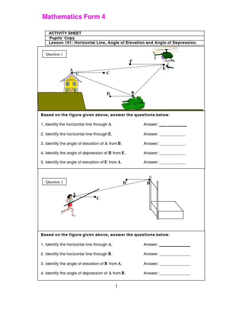Angle Of Elevation And Depression Worksheet 3 Answers