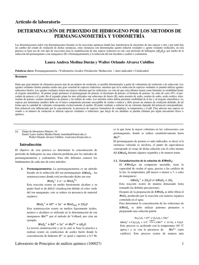 Informe De Laboratorio Redox Pdf Redox óxido Reducción Titulación