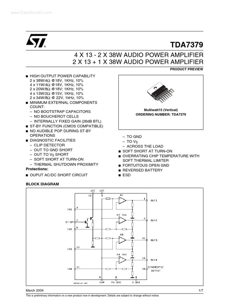Tda 7379 Data Sheet | PDF | Amplifier | Electromagnetism