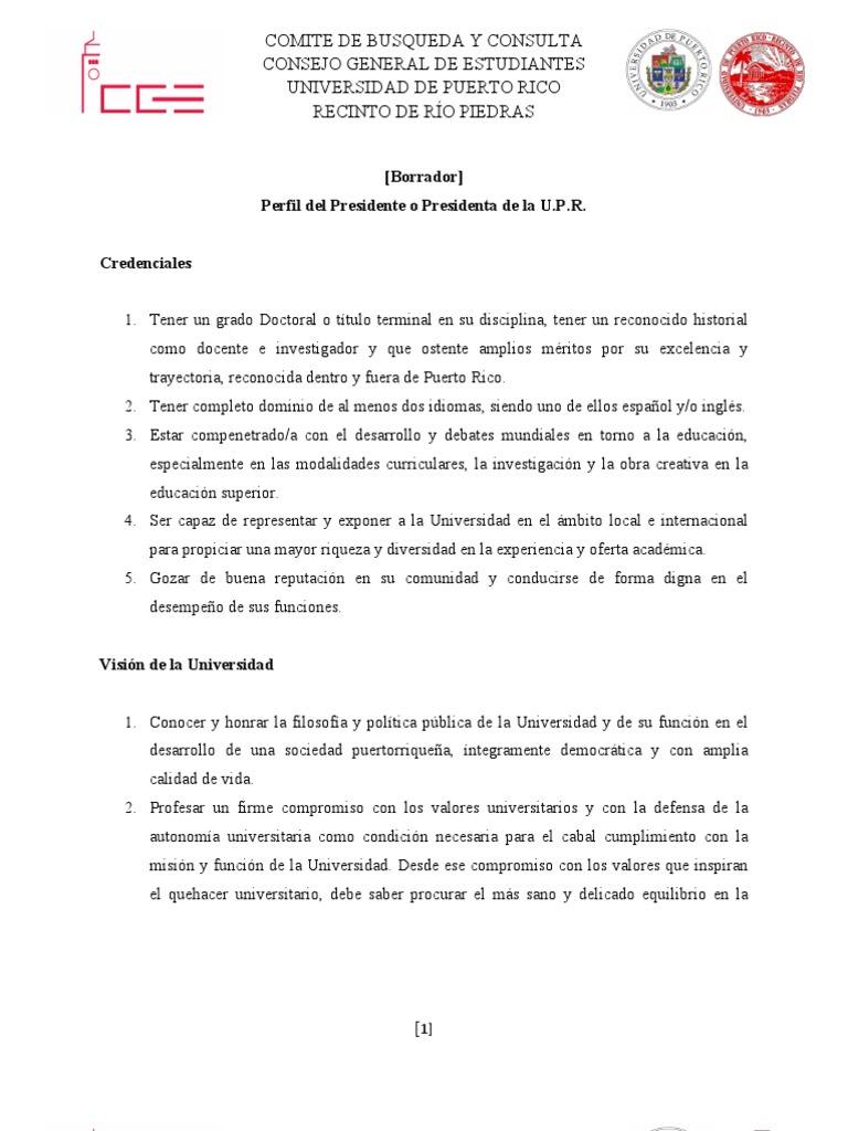 Perfil Del Presidente o Presidenta de La Upr | PDF | Universidad ...