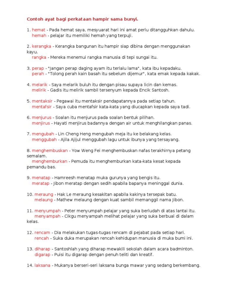 Contoh Ayat Bagi Perkataan Hampir Sama Bunyi