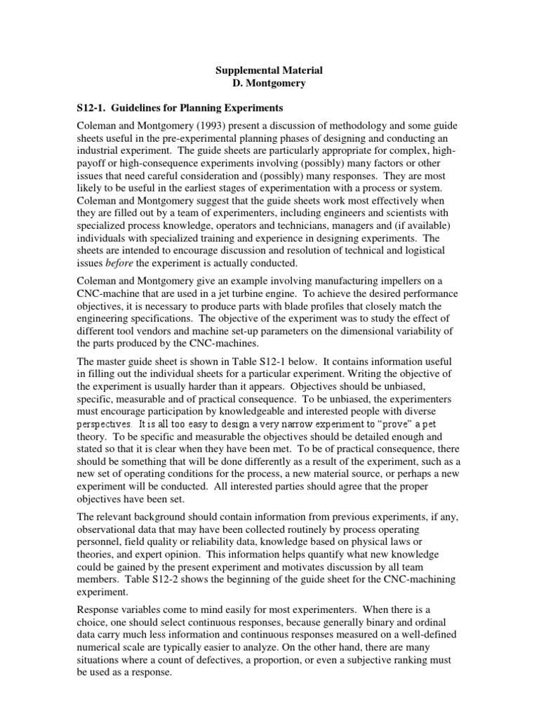 Supplemental Material D. Montgomery S12-1. Guidelines For Planning Experiments | PDF ...
