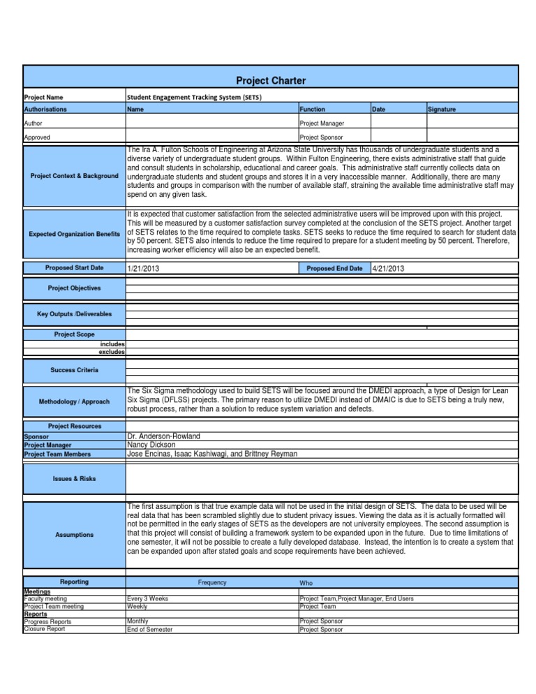 Project Charter: Student Engagement Tracking System (SETS) | Six Sigma ...