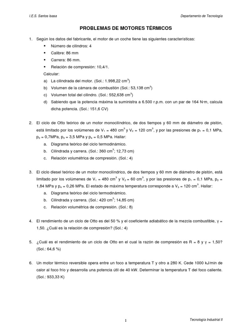 Problemas Motores Termicos | PDF | Esfuerzo de torsión | Pistón
