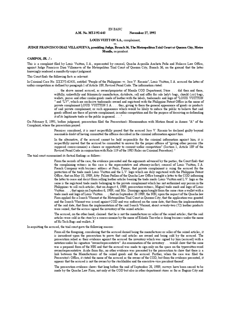 Louis Vuitton v. Judge Francisco Villanueva | PDF | Prosecutor | Burden ...