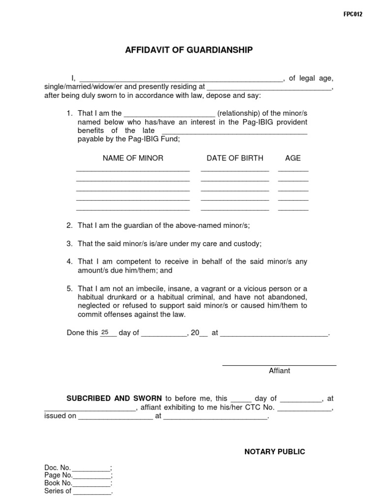 Pag Ibig FPC012 Affidavit of Guardianship - F PDF | PDF | Finance ...