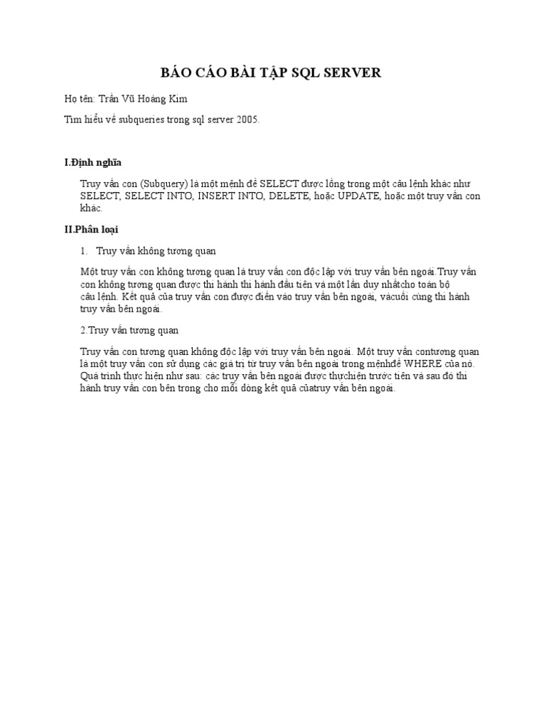 BÁO CÁO BÀI TẬP SQL SERVER | PDF