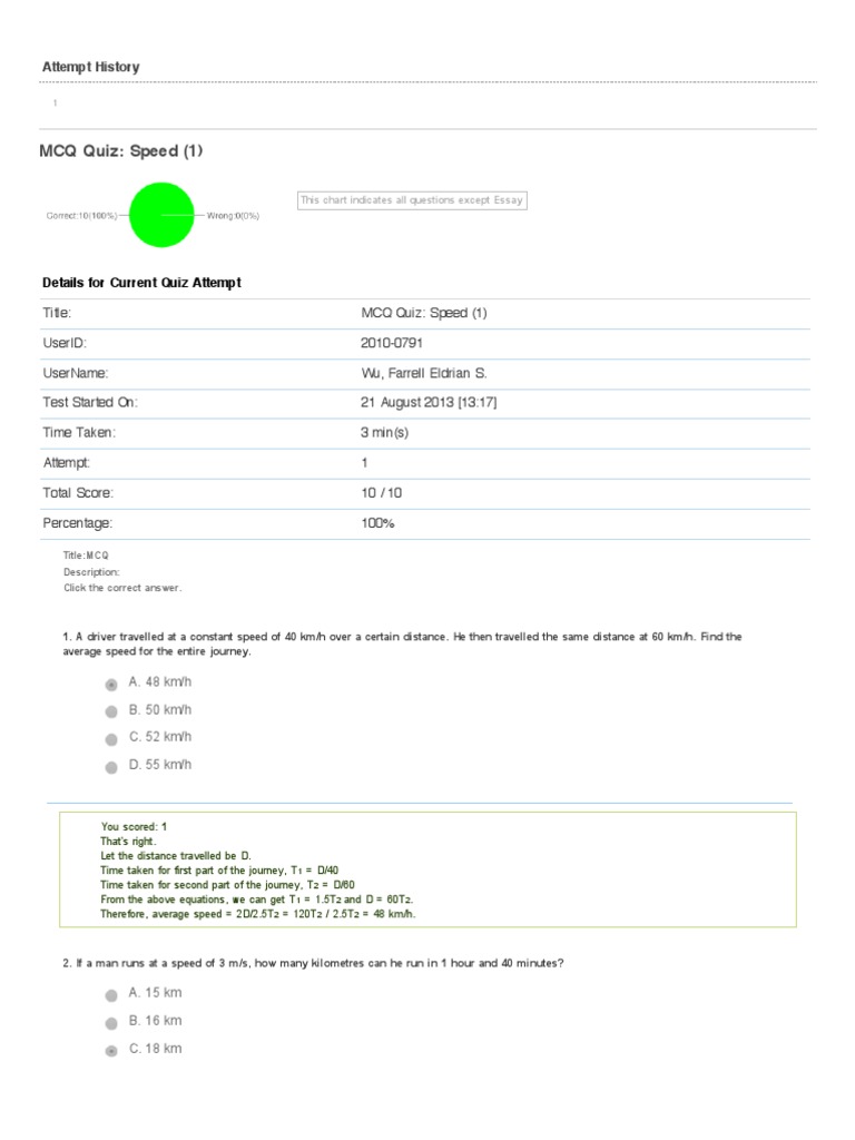 Results of a Speed and Motion MCQ Quiz Taken by Wu, Farrell Eldrian S ...