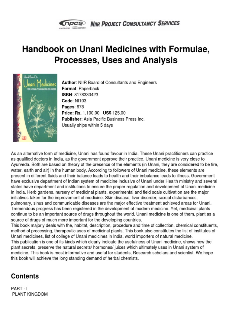 Handbook On Unani Medicines With Formulae, Processes, Uses and Analysis ...
