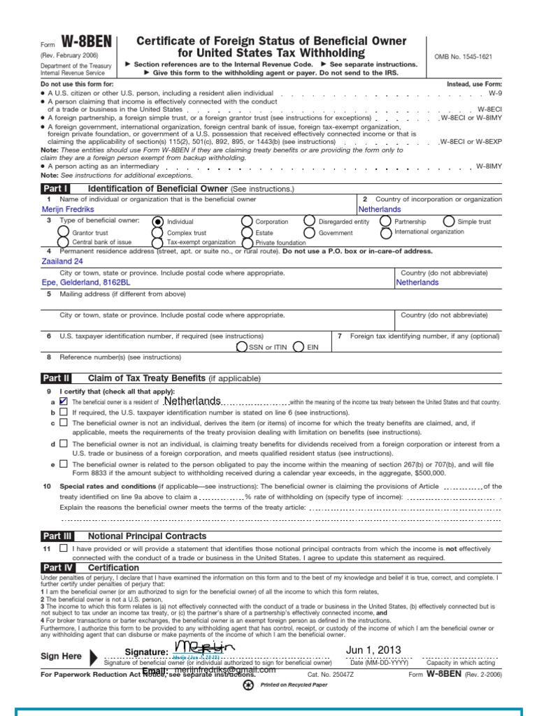 Merijn 2013 W8-BEN Form - Signed | PDF | Withholding Tax | Public Finance