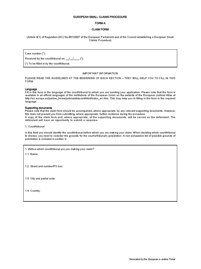 European Small Claims Procedure Form: A Template for Filing Cross ...