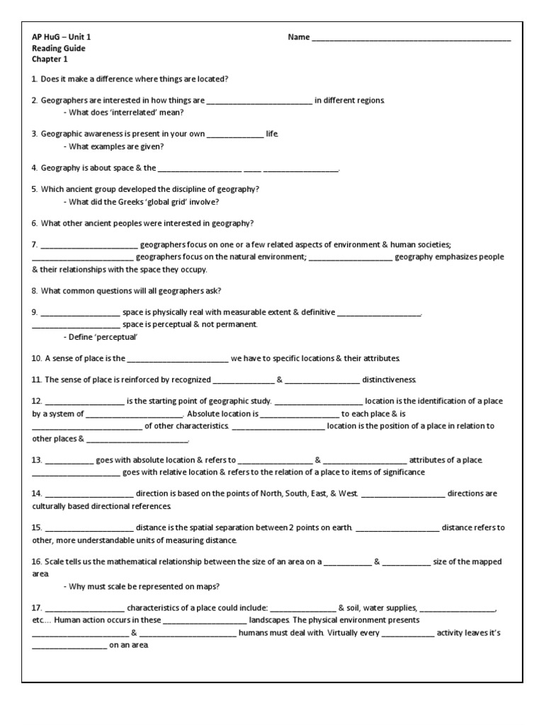 Ap Hug Unit 1 Reading Guide1 | PDF | Geography | Map