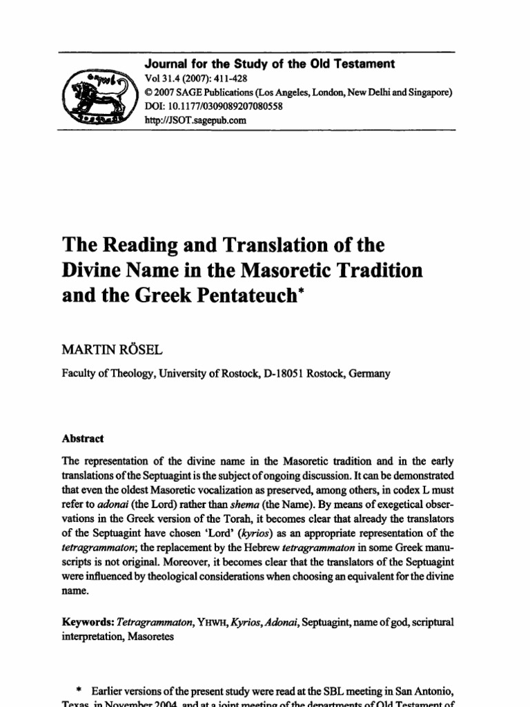 Reading Translation Divine Name in MT LXX Rosel | PDF | Tetragrammaton ...