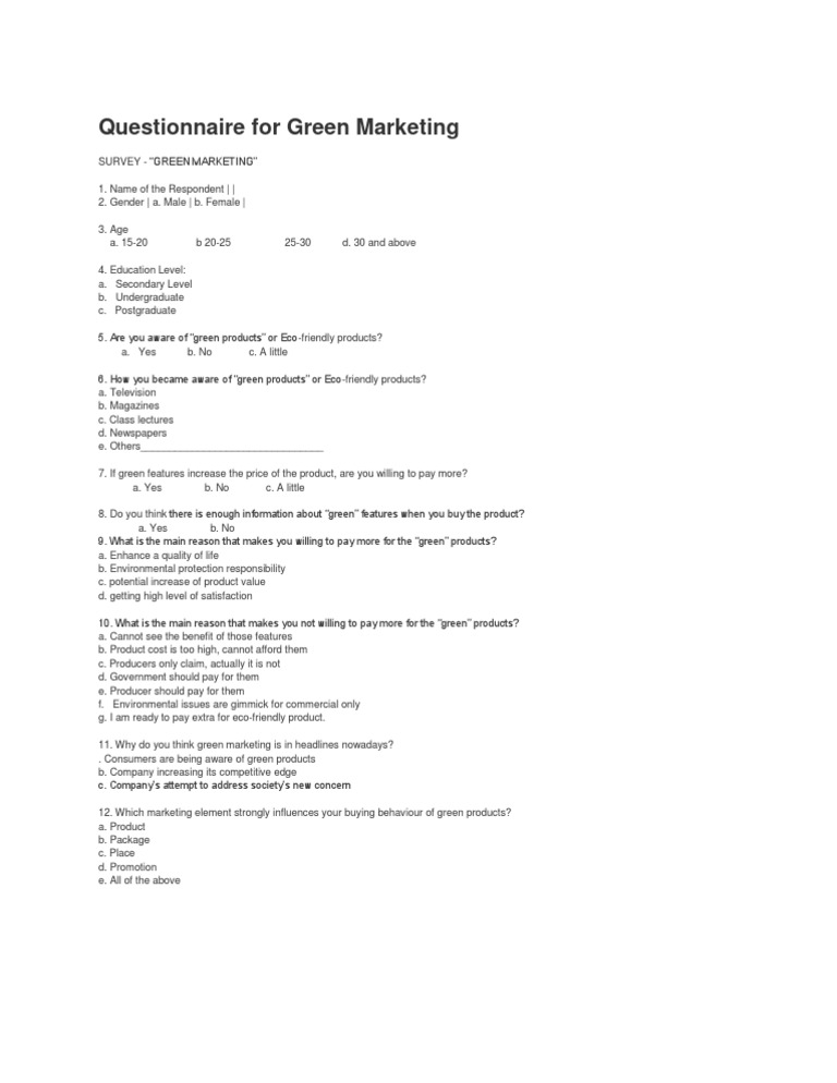 Questionnaire For Green Marketing | PDF | Marketing | Microeconomics